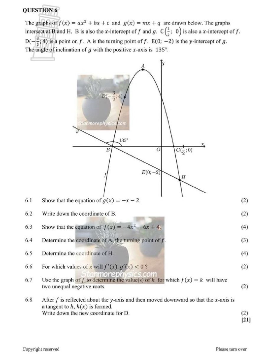 QUESTION 6 The graphs of f(x) = ax^2 + bx + c and g(x) = mx + q are drawn..
