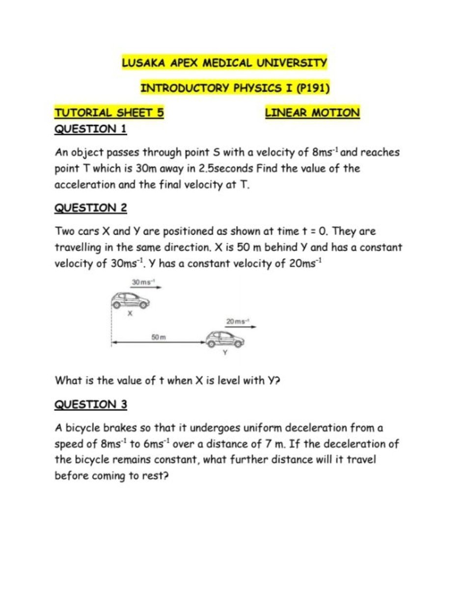 LUSAKA APEX MEDICAL UNIVERSITY INTRODUCTORY PHYSICS I (P191) TUTORIAL SHE..