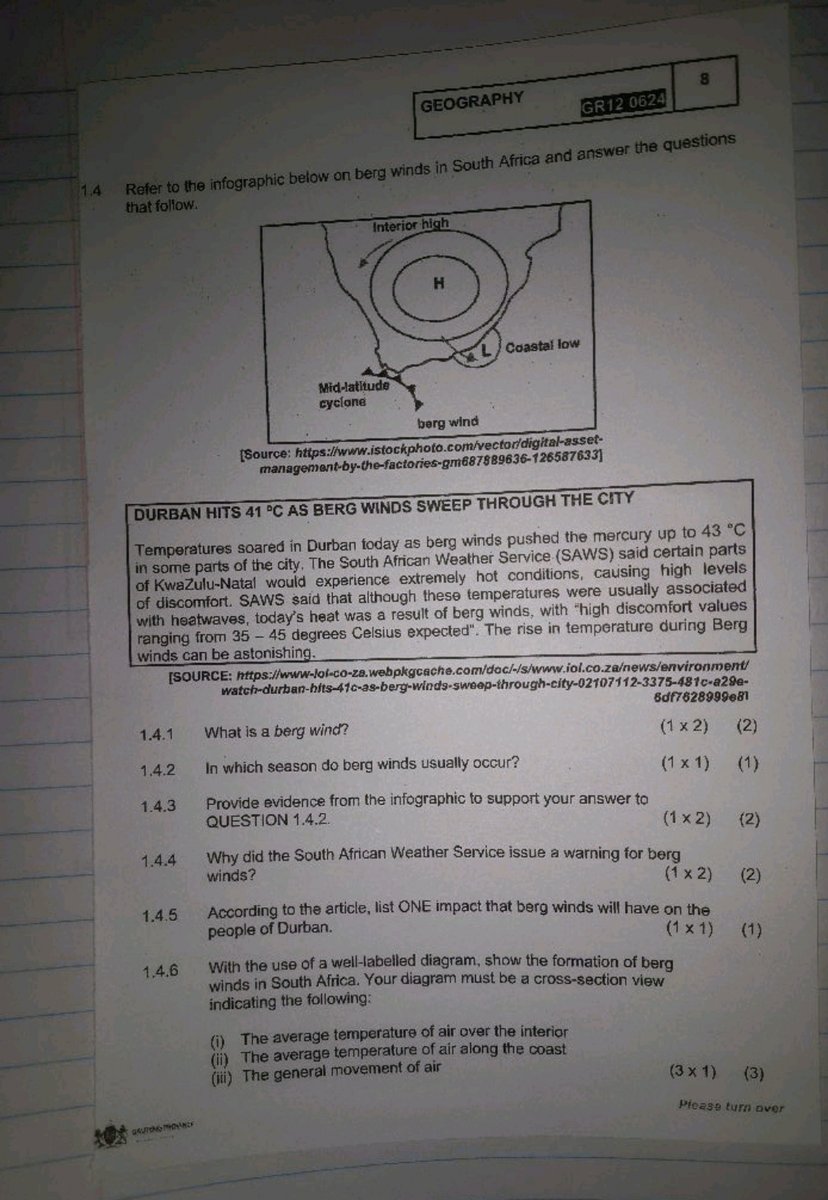GEOGRAPHY GR12 0624 1.4 Refer to the infographic below on berg winds in