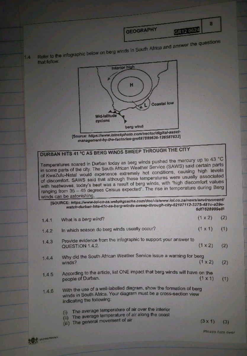 GEOGRAPHY GR12 0624 1.4 Refer to the infographic below on berg winds in