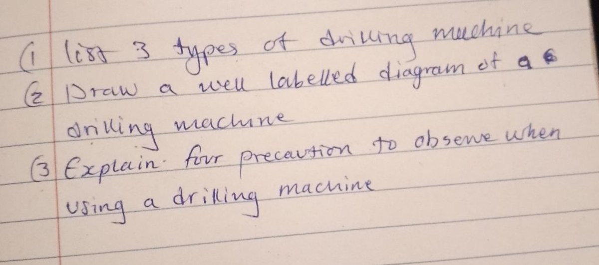 List 3 types of drilling machine. Draw a well-labeled diagram of a drilli..