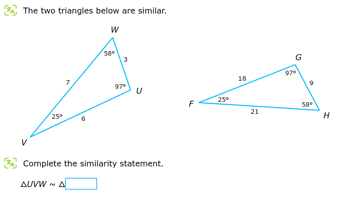 The two triangles below are similar. [Diagram of two triangles, ΔUVW and..