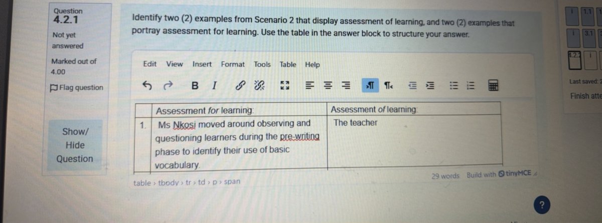 Identify two (2) examples from Scenario 2 that display assessment of lear..