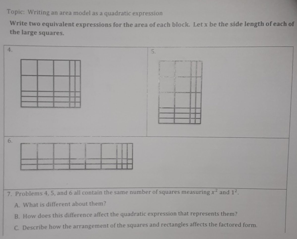 Topic: Writing an area model as a quadratic expression Write two equival..