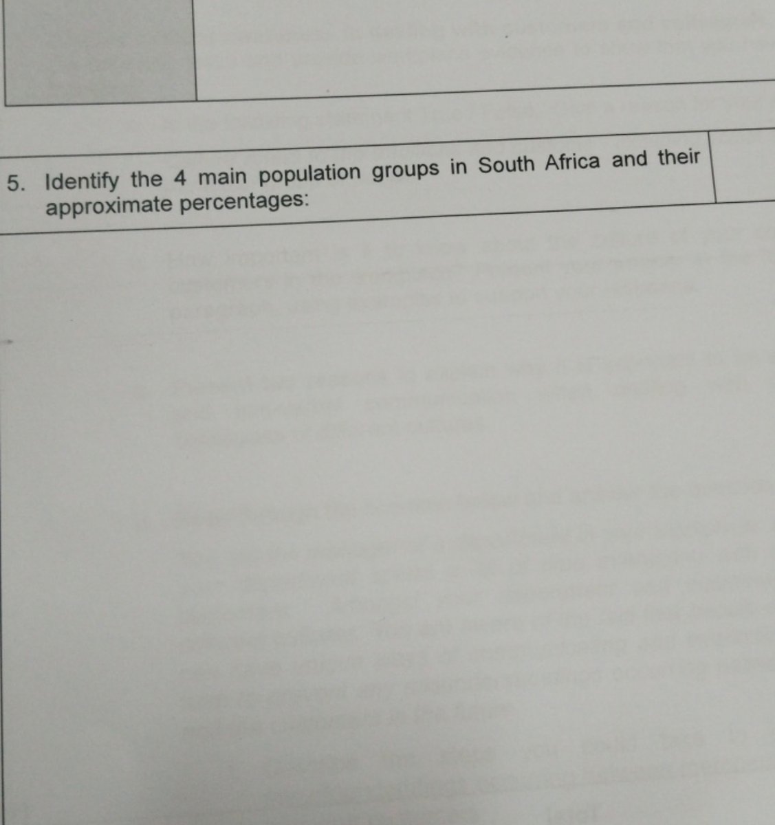 Identify the 4 main population groups in South Africa and their approxima..