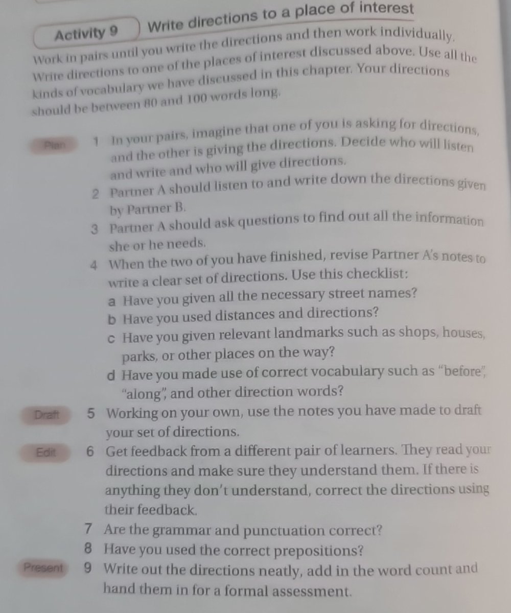 Activity 9: Write directions to a place of interest Work in pairs until