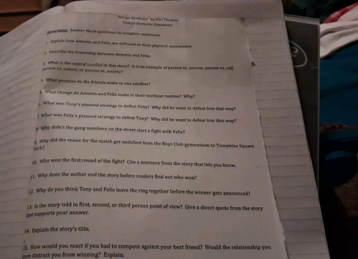 "Amigo Brothers" by Piri Thomas Comprehension Questions Directions: Answ..