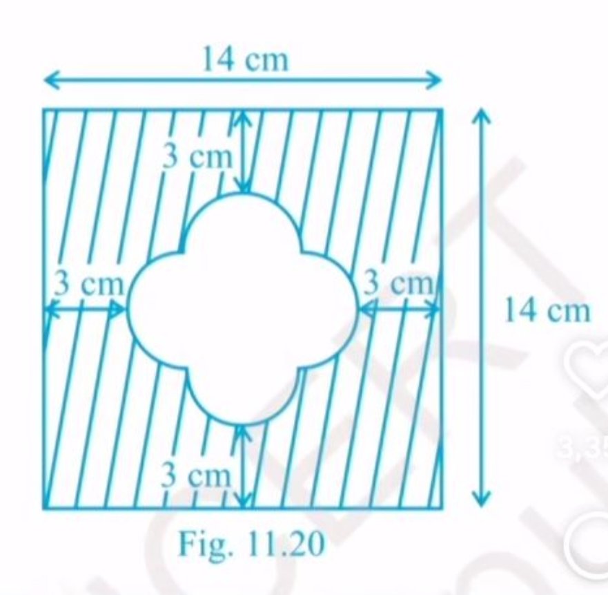 The image shows a square of side 14 cm with a design cut out from its cen..