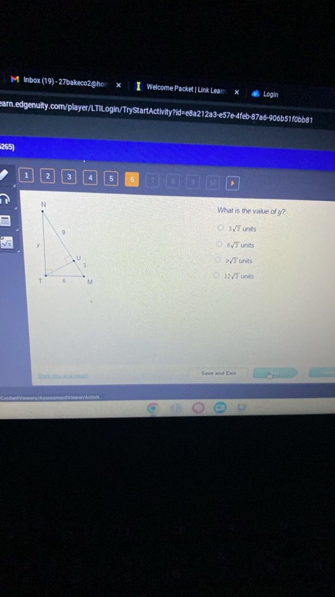 What is the value of y? (Diagram shows a right-angled triangle NTM with
