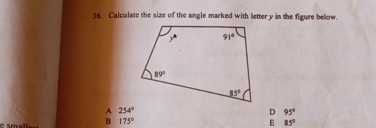 Calculate the size of the angle marked with letter y in the figure below...