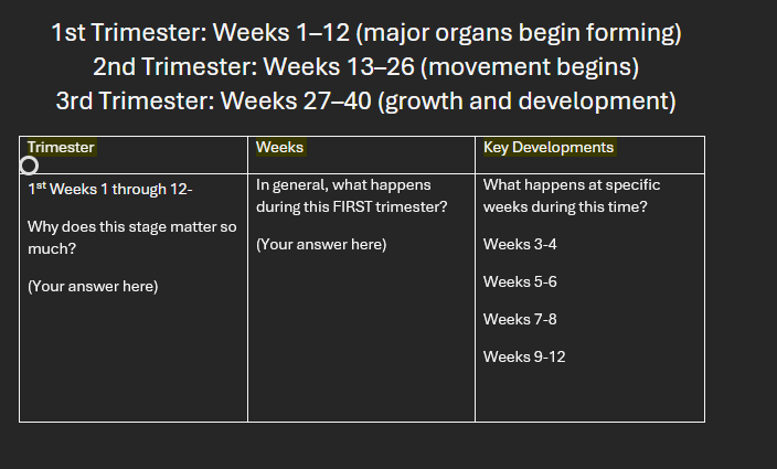 1st Trimester: Weeks 1-12 (major organs begin forming) 2nd Trimester: Wee..