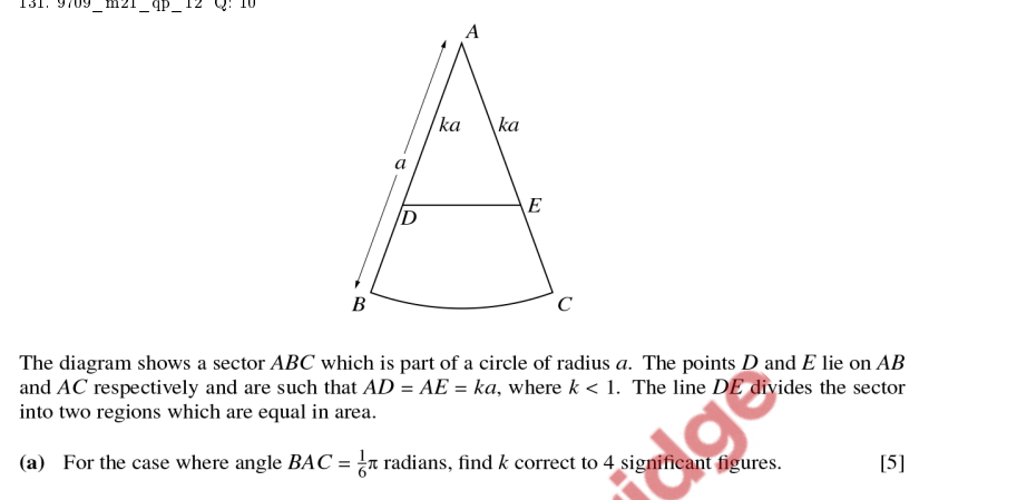 The diagram shows a sector ABC which is part of a circle of radius a. The..