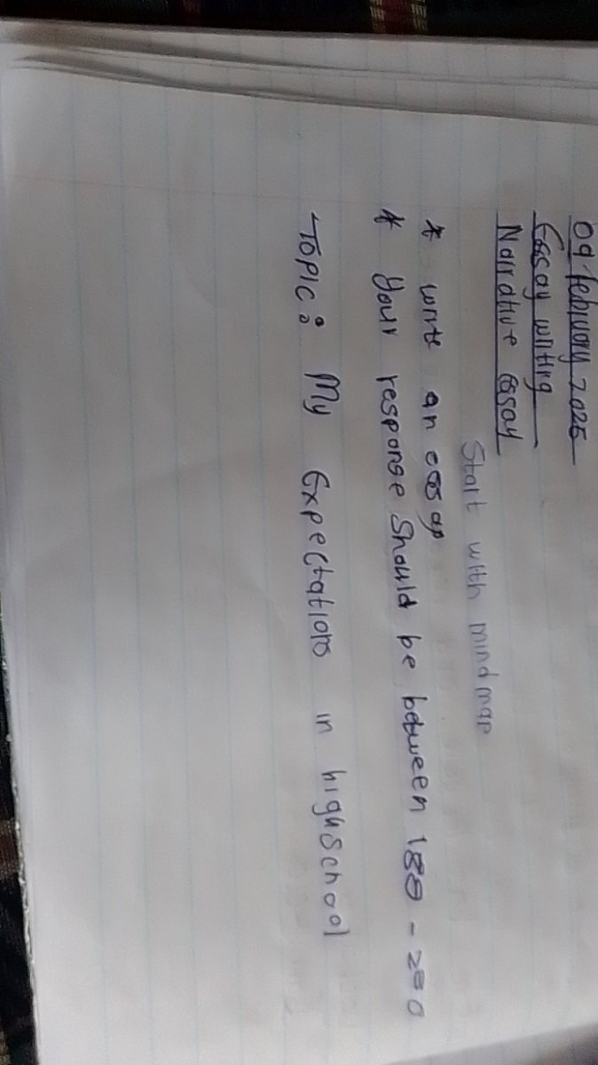 09 February 2025 Essay writing Narrative essay Start with mind map Write..