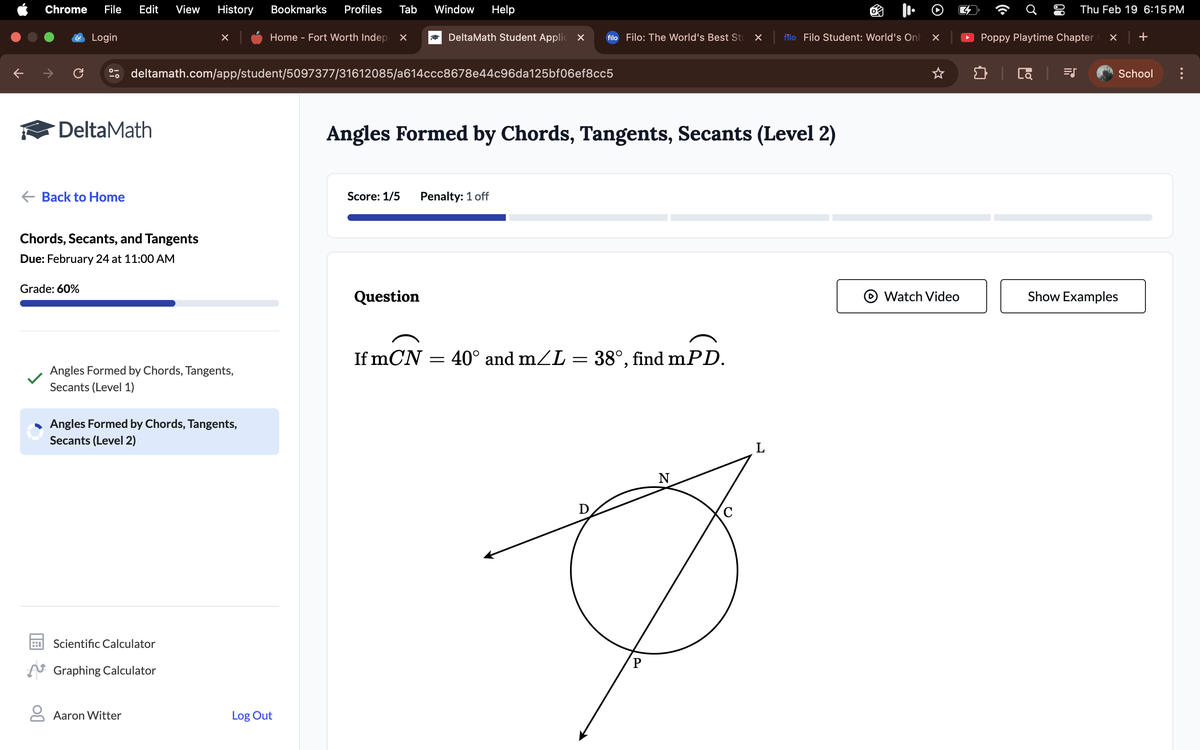 If m\overarc{CN} = 40^\circ and m\angle L = 38^\circ, find m\overarc{PD}...
