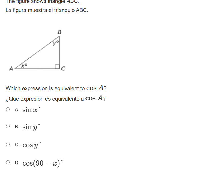 The figure shows triangle ABC. Which expression is equivalent to \cos A?..