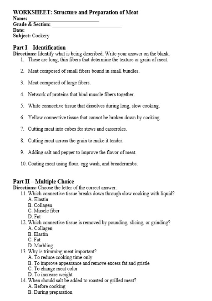 WORKSHEET: Structure and Preparation of Meat Name: Grade & Section: Date:..