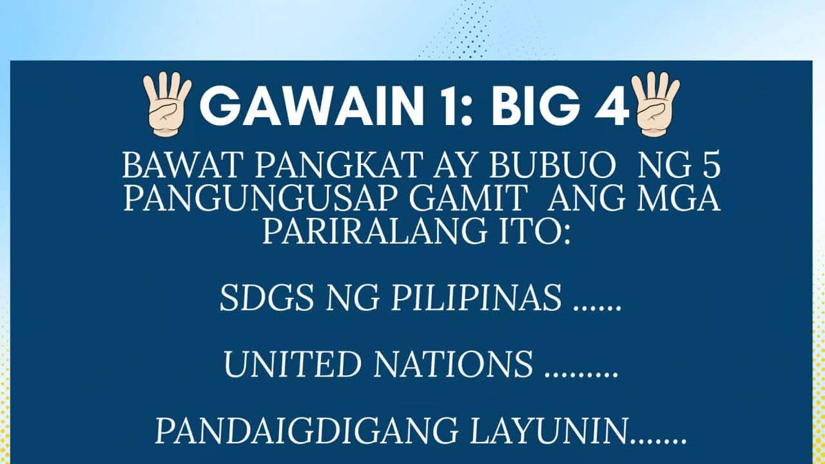 GAWAIN 1: BIG 4 BAWAT PANGKAT AY BUBUO NG 5 PANGUNGUSAP GAMIT ANG MGA PA..