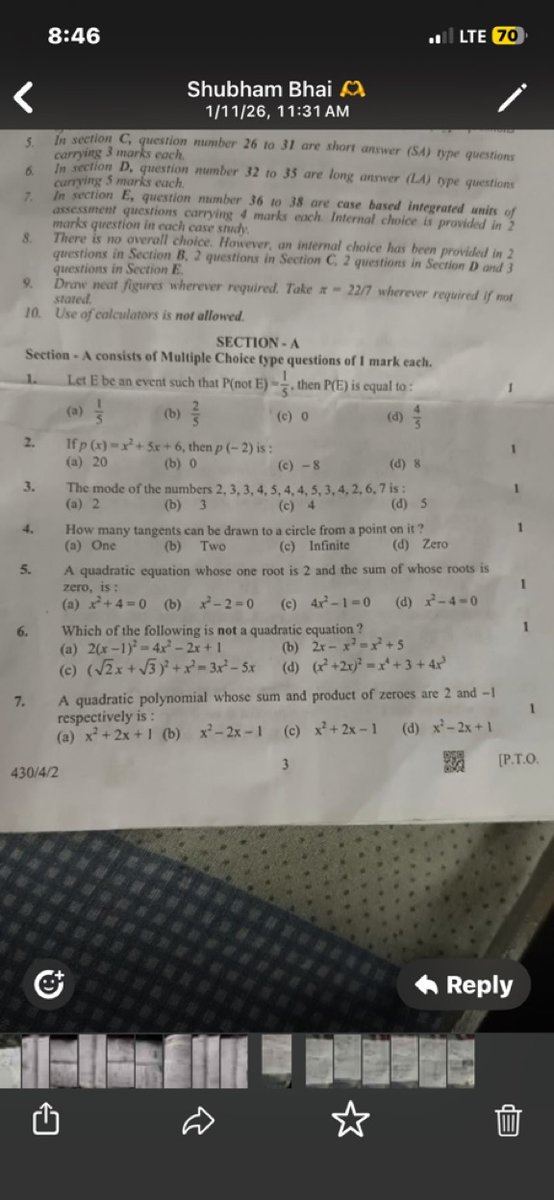SECTION - A Section A consists of Multiple Choice type questions of 1 mar..
