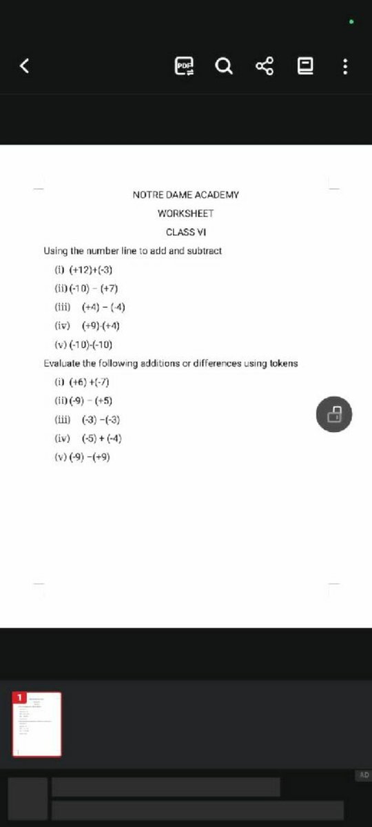 NOTRE DAME ACADEMY WORKSHEET CLASS VI Using the number line to add and s..