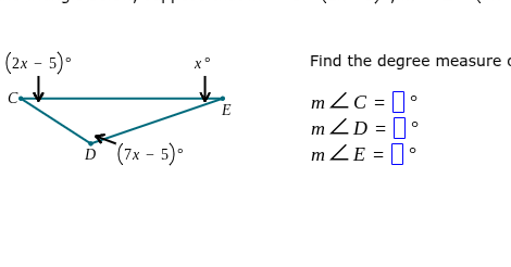 Find the degree measure of: m \angle C = \Box^{\circ} m \angle D = \Box^{..