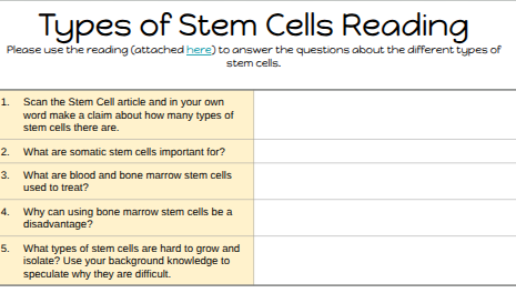 Types of Stem Cells Reading Please use the reading (attached here) to ans..