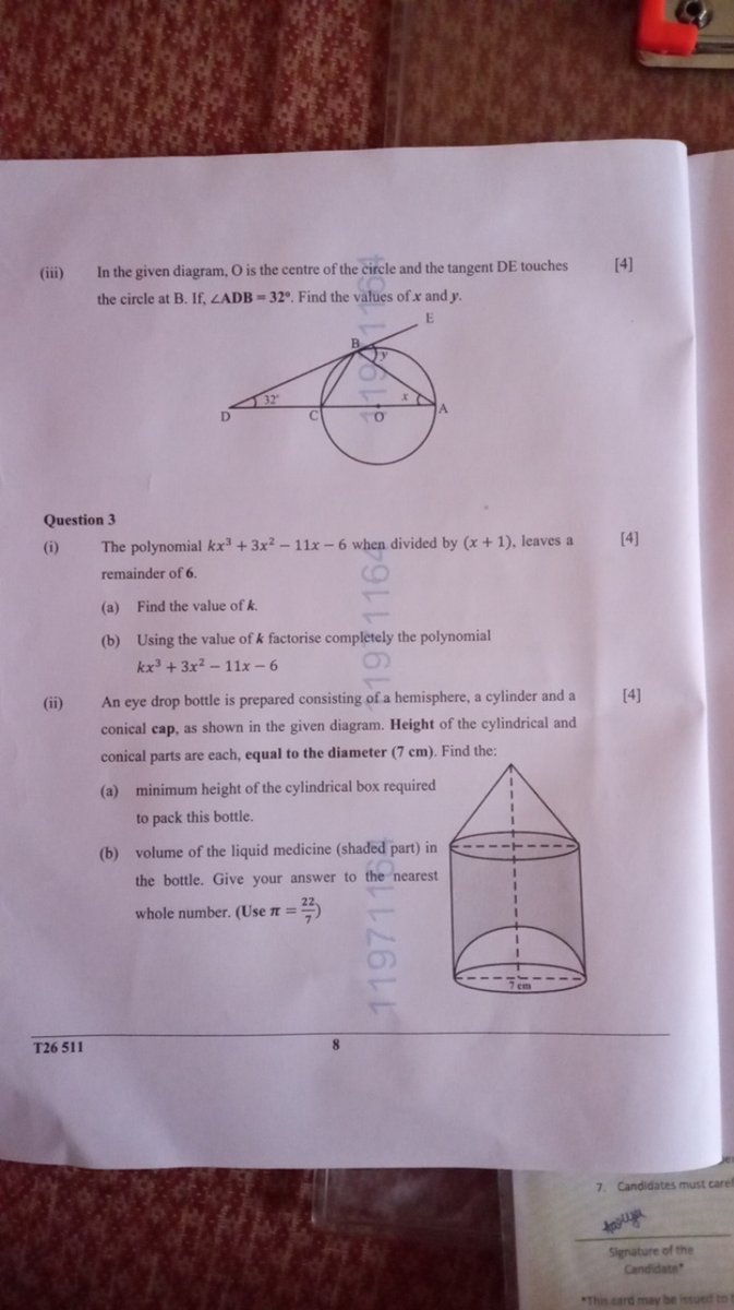 (iii) In the given diagram, O is the centre of the circle and the tangent..