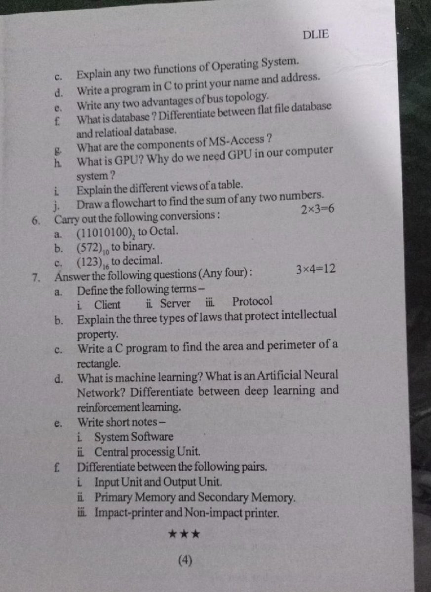 DLIE c. Explain any two functions of Operating System. d. Write a progra..