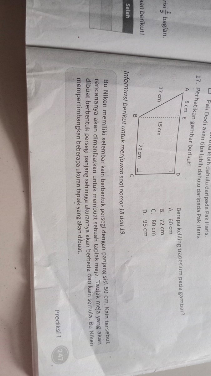 Perhatikan gambar berikut! (Diagram of a trapezoid with sides labeled: t..