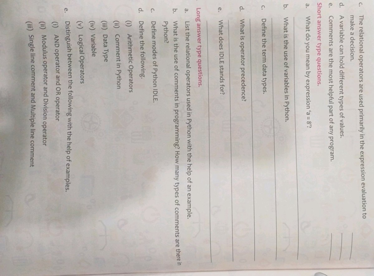 Short answer type questions. a. What do you mean by expression 'a = 8'? b..