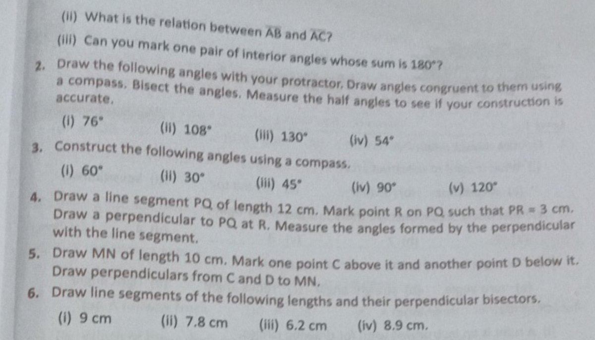 Draw the following angles with your protractor. Draw angles congruent to