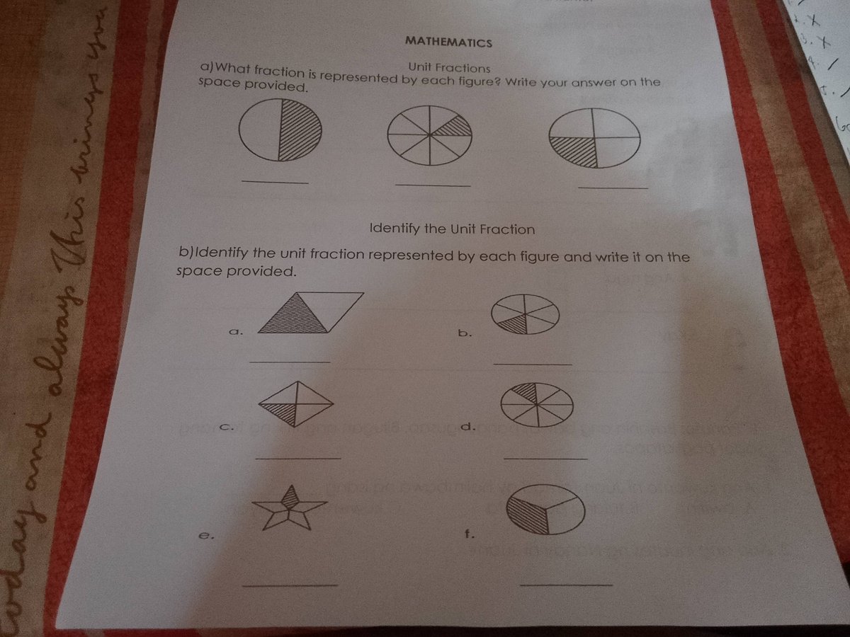 MATHEMATICS Unit Fractions a) What fraction is represented by each figu..
