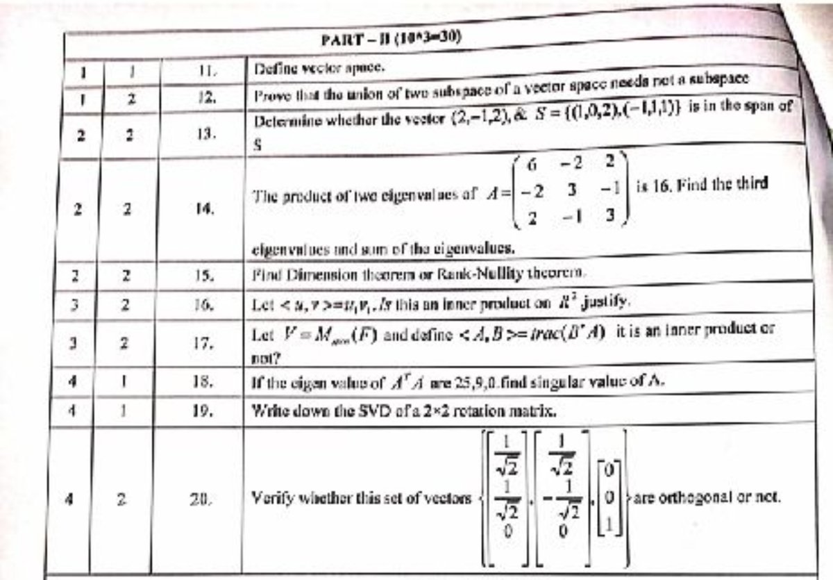 Here are some questions from a mathematics exam: PART - II (10*3=30) De..