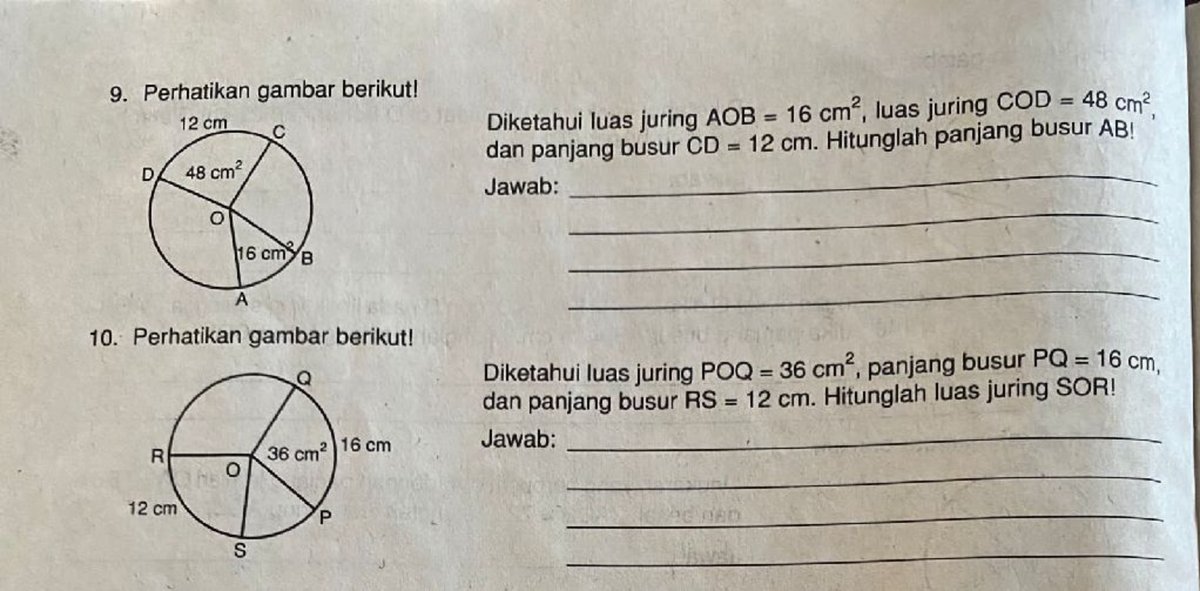 Perhatikan gambar berikut! Diketahui luas juring AOB = 16 cm², luas jurin..