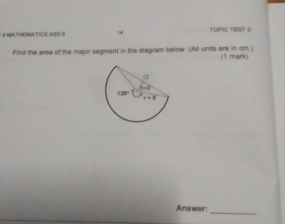 Find the area of the major segment in the diagram below. (All units are i..