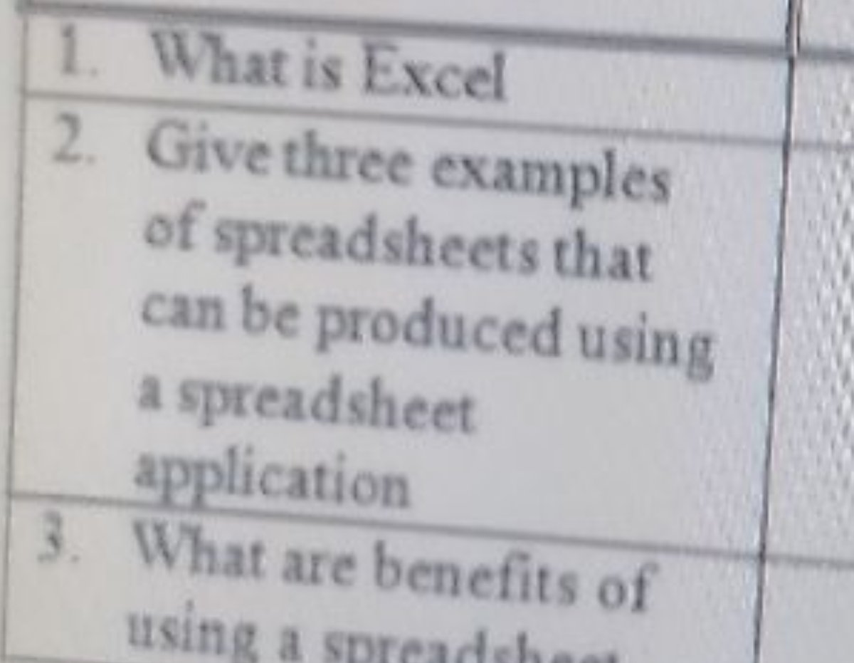 What is Excel? Give three examples of spreadsheets that can be produced u..
