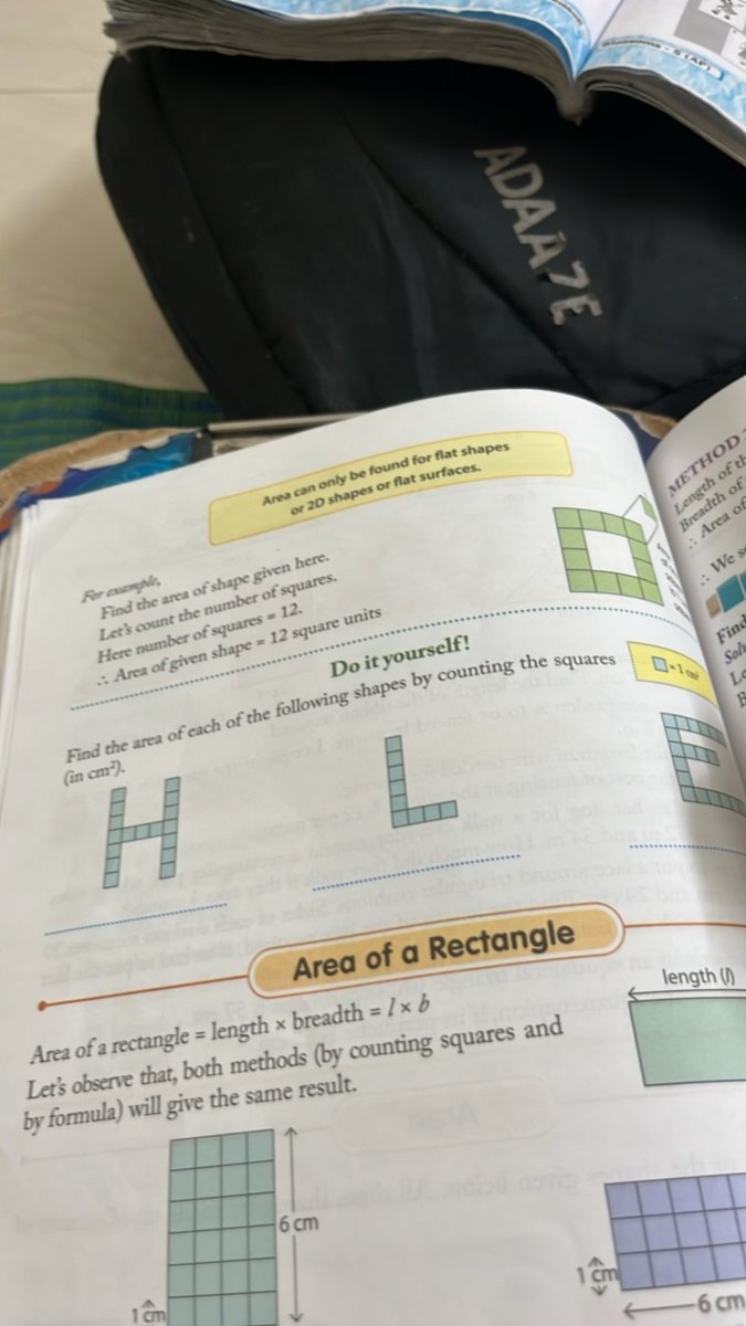 Find the area of each of the following shapes by counting the squares (in..