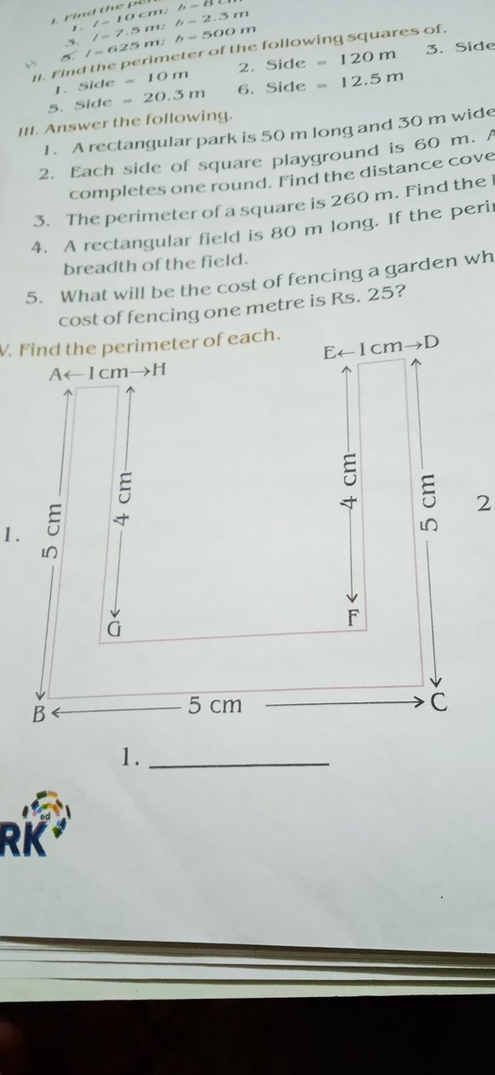 V. Find the perimeter of each. A diagram showing a shape with the follow..