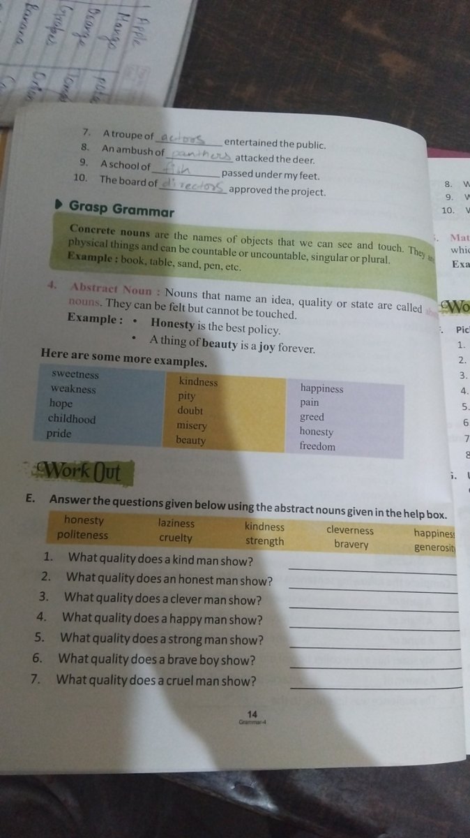 E. Answer the questions given below using the abstract nouns given in the..