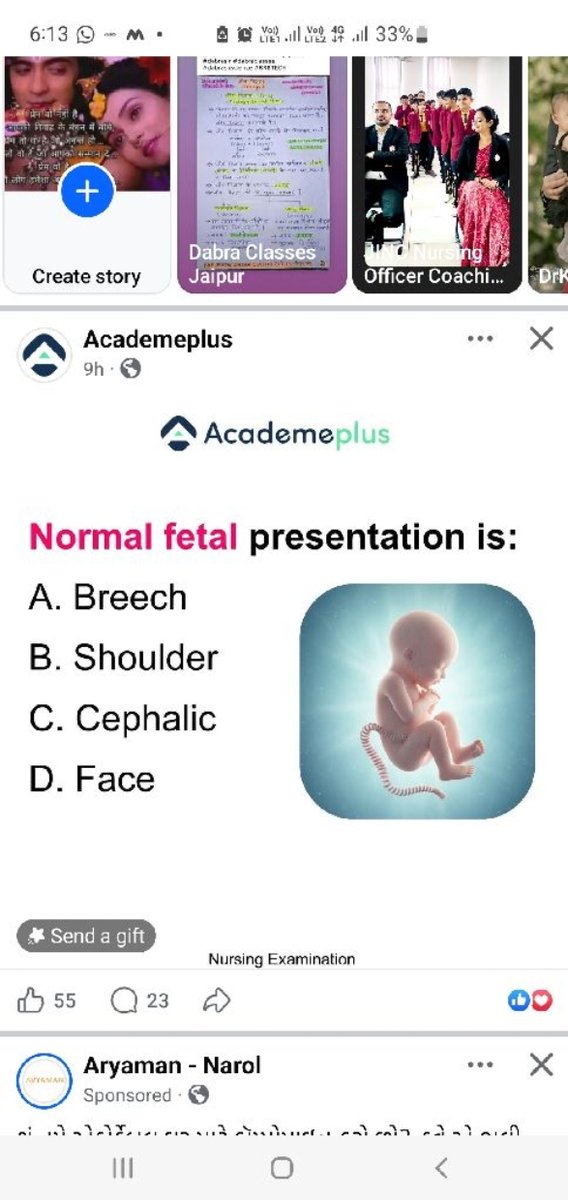 Normal fetal presentation is: A. Breech B. Shoulder C. Cephalic D. Face..
