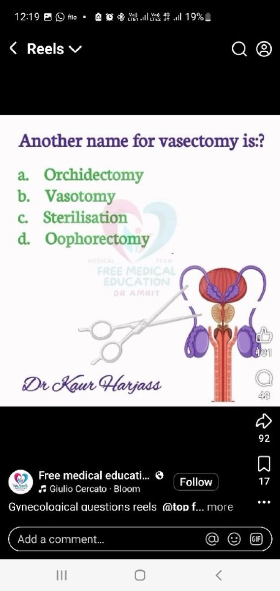 Another name for vasectomy is: a. Orchidectomy b. Vasotomy c. Sterilisati..