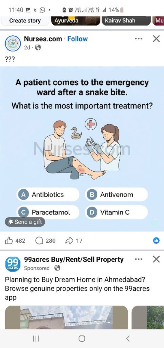 A patient comes to the emergency ward after a snake bite. What is the mos..