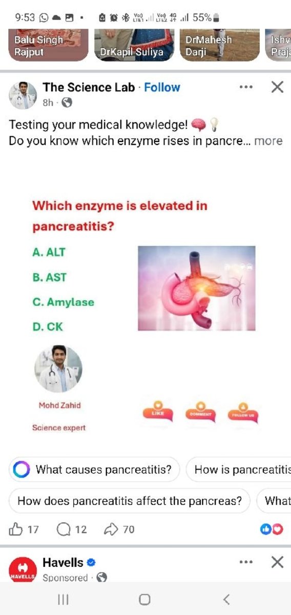 Which enzyme is elevated in pancreatitis? A. ALT B. AST C. Amylase D. CK..