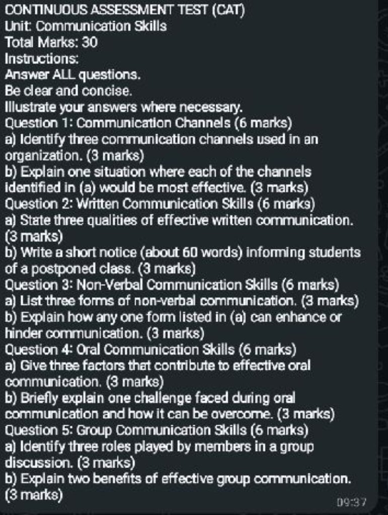 CONTINUOUS ASSESSMENT TEST (CAT) Unit: Communication Skills Total Marks: