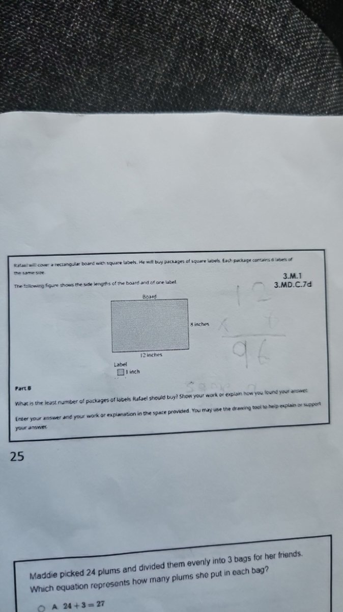Rafael will cover a rectangular board with square labels. He will buy pac..
