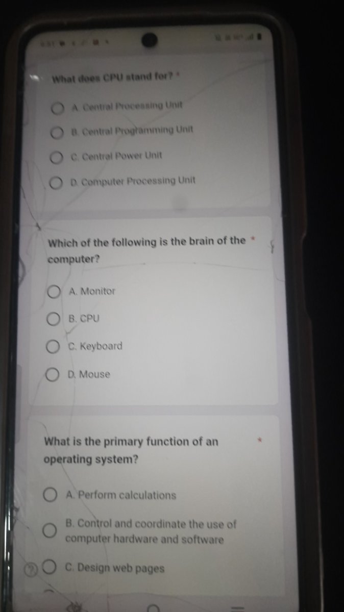 What does CPU stand for? A. Central Processing Unit B. Central Programmin..