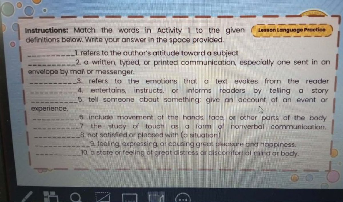 Instructions: Match the words in Activity 1 to the given definitions belo..