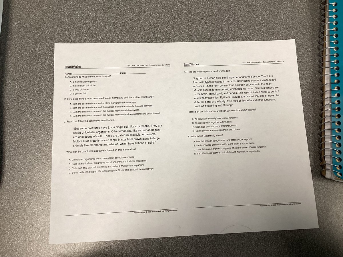 ReadWorks Name: Date: The Cells That Make Us - Comprehension Questions A..