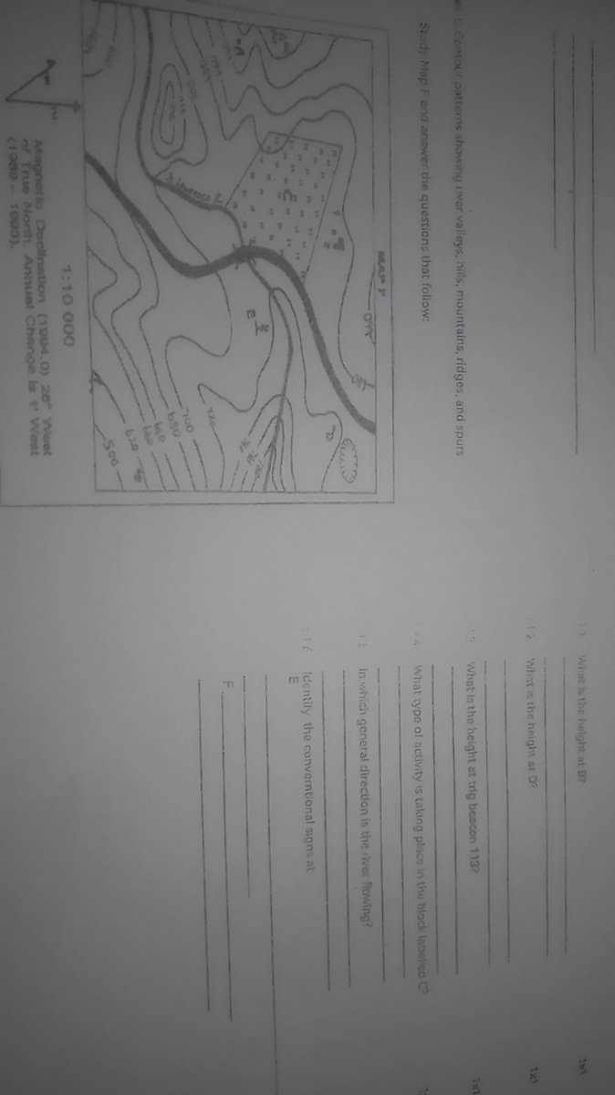 Contour patterns showing river valleys, hills, mountains, ridges, and spu..