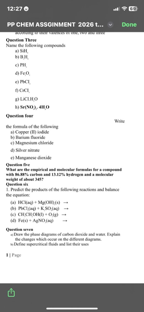 PP CHEM ASSIGNMENT 2026 Question Three Name the following compounds: a)