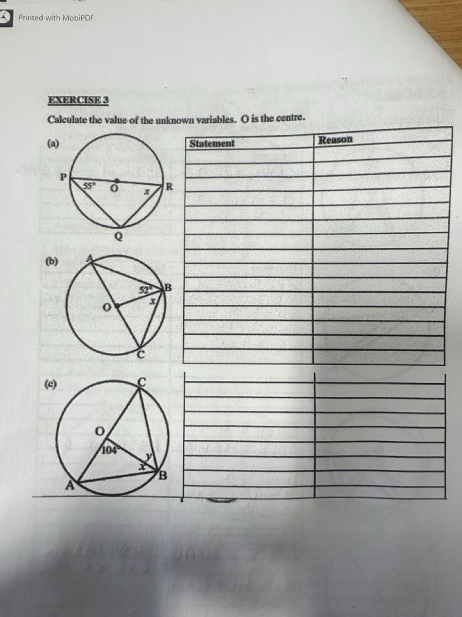 EXERCISE 3 Calculate the value of the unknown variables. O is the centre...
